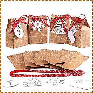 OurWarm 24pcs Christmas Gift Bags Assortment Kraft Paper Favor Bags with Holiday Gift Tags for Christmas Party Supplies, 5 x 3 x 7 Inch Christmas Goodies Bags