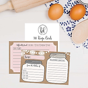 50 Double Sided Recipe Cards 4x6, Wedding Bridal Shower Card, Kraft Blank Christmas Holiday Printable Recipe Card for Binder, Cute Rustic Vintage Retro Gift in a Mason Jar Recipe Cards 4 x 6
