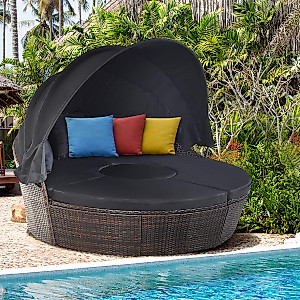 HAPPYGRILL Patio Daybed with Canopy Outdoor Furniture Set Sofa Set Rattan Wicker Round Daybed with Soft Cushions Coffee Table for Patio Backyard Poolside