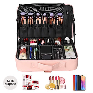MONSTINA Cosmetic Bags 3 Layer Cosmetic Organizer Makeup Case Beauty Artist Storage Brush Box with Shoulder Strap (Large, PU Leather pink)