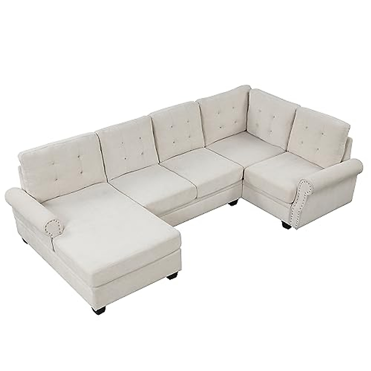 FULife Modern U-Shaped Sectional Sofa with Chaise Lounge,Comfy Modular Couch w/Nailhead Trim Armrest,Linen Fabric Upholstered 6-Seater Corner Sofá for Living Room Apartment Office, Beige 120" w