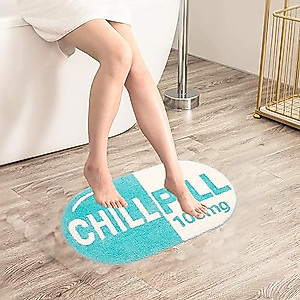 UKELER Cute Chill Pill Bathroom Rug Blue Absorbent Funny Bath Mat Soft Shaggy Shower Rug Non Slip Washable Small Accent Rug for Bathroom, Sink, Tub, Entry Way, Toilet, 27.5"×15.5"