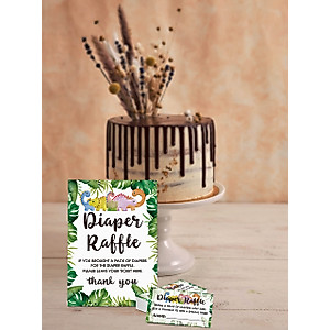 Diaper Raffle Baby Shower Game Set(1 Standing Sign + 50 Guessing Cards), Dinosaur Theme Diaper Raffle Tickets for Baby Shower, Safari Jungle Baby Shower Party Favor Decor - A18