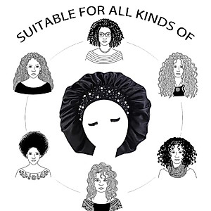 YeeMan Hair Bonnet Glittering Pearls and Rhinestones Satin Bonnet Wide Band Sleeping Cap (Black)