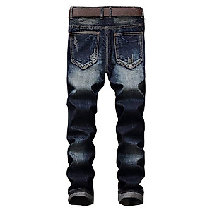 AITITIA Men's Biker Zipper Deco Washed Straight Fit Jeans (30W x 31L, Dark Blue)
