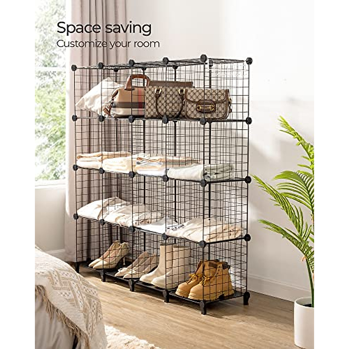 DINMO Wire Cube Storage Organizer, 16-Cube Metal Grid Storage Shelves, Modular Storage System, Closet Organizer, Ideal for Home, Office, Living Room, Stackable, 12" x 12", Black