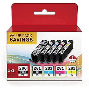 PGI-280XXL CLI-281XL 5 Color Value Pack, Compatible for Canon 280 281 Ink Cartridges use with TR7520 TR7500 TR8520 TR8500 TR8620 TS6120 TS6220 TS6320 TS702 (PGBK, Black, Cyan, Magenta, Yellow)