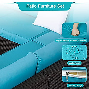 AIIT Kinlife 7Pcs Patio Furniture Sets, Patio Sectional Sofas, All-Weather Black PE Wicker Outdoor Couch Patio Seating with Pillows & Coffee Table, Turquoise