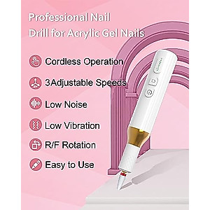 Nail Drill, Cordless Electric Nail Files for Gel Nails Efile Manicure Kit for Women Rechargeable Wireless Drill para Uñas Profesional Nail Drill Machine Nail Grinder for Acrylic Gel Nails White