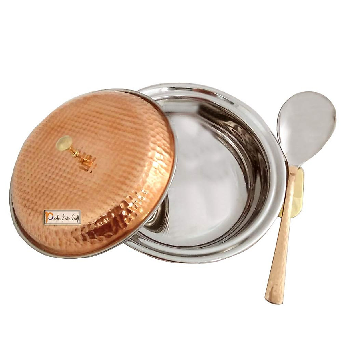 Prisha India Craft Hammered Steel Copper Casserole Donga Bowl/Copper Handi With Lid And Serving Spoon, Tableware & Serveware | Capacity 850 ML
