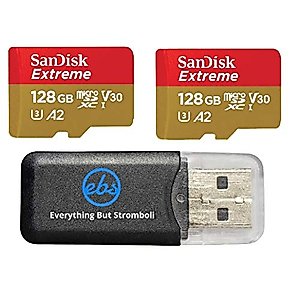 SanDisk Extreme 128GB Micro SDXC Card for DJI Mavic Mini 2, Mavic Mini, Mavic Air 2 Drone (2 Pack) C10 4K V30 A2 (SDSQXA1-128G-GN6MN) Bundle with 1 Everything But Stromboli MicroSD Memory Card Reader
