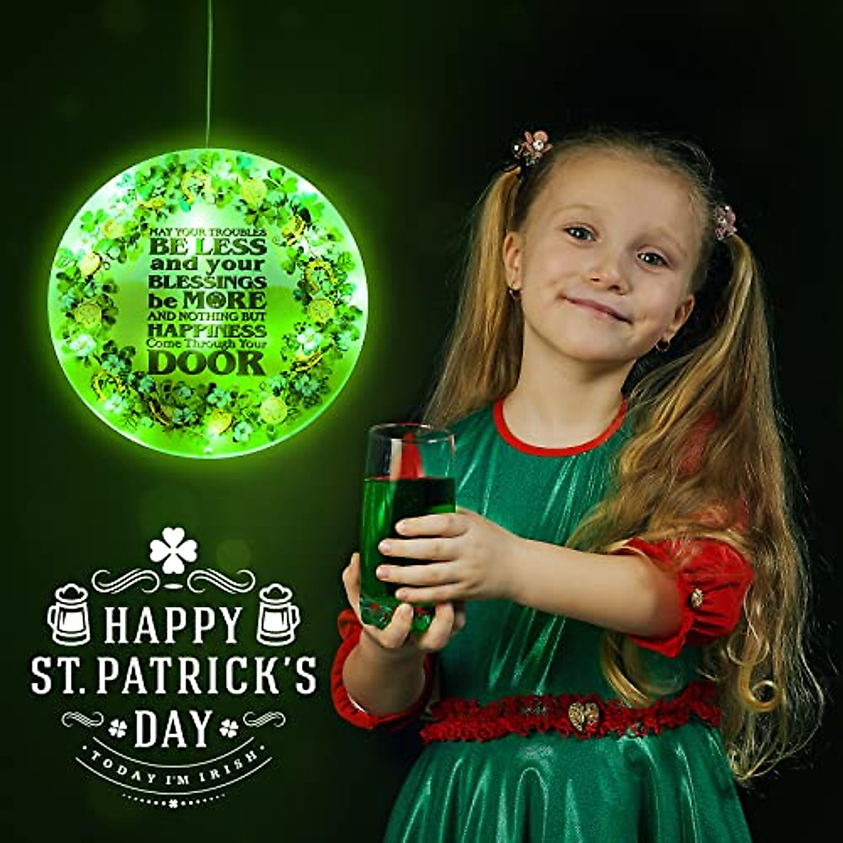 Capoda St. Patrick's Day Hanging Window Light Shamrock Decorations Irish May Your Blessing Light up Decor St. Patrick's Day Religious Christian Plaque Lucky Wishes Sign for Home Door Wall(Shamrock)