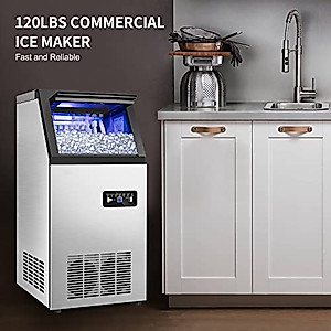 Commercial Ice Maker Machine 120Lbs/24H with 35Lbs Ice Capacity, 45Pcs Clear Ice Cubes Ready in 11-20Mins, Stainless Steel Under Counter Freestanding Large Ice Machine, 2 Water Inlet Modes