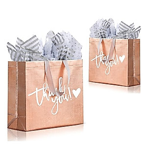 SHIPKEY 10 Pack Rose Gold Grocery Bags with Tissue Paper, 12.5x4.7x11 Inches Thank You Shopping Bags, Water-proof Packing Bags for Christmas, Easter Day, and Weddings (32x12x28 cm)