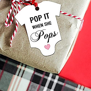 Pop It When She Pops Bottle Tags, Baby Shower Mini Champagne Beer Wine Bottle Tags, Baby Shower Favor Tags with 65 Feet Golden Ribbon, Pack of 50