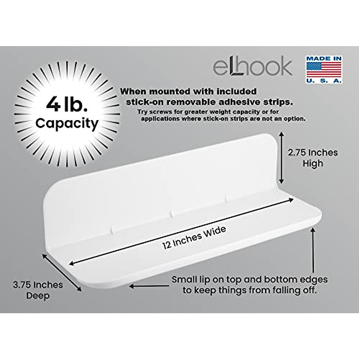 eLhook Made in USA White Stick-On Removable Adhesive Floating Wall Shelf Durable Textured ABS Injection Molded Plastic with Lipped Edges | Designed for Stick-On Adhesives or Screws