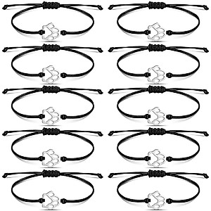 Junkin 10 Pieces Paw Print Bracelets Vet Tech Week Gifts for Women Men Teens Handmade Adjustable Strings Stainless Steel Dog Cat Paw Print Bracelets Family Friend Couple Jewelry Christmas Gift (Black)