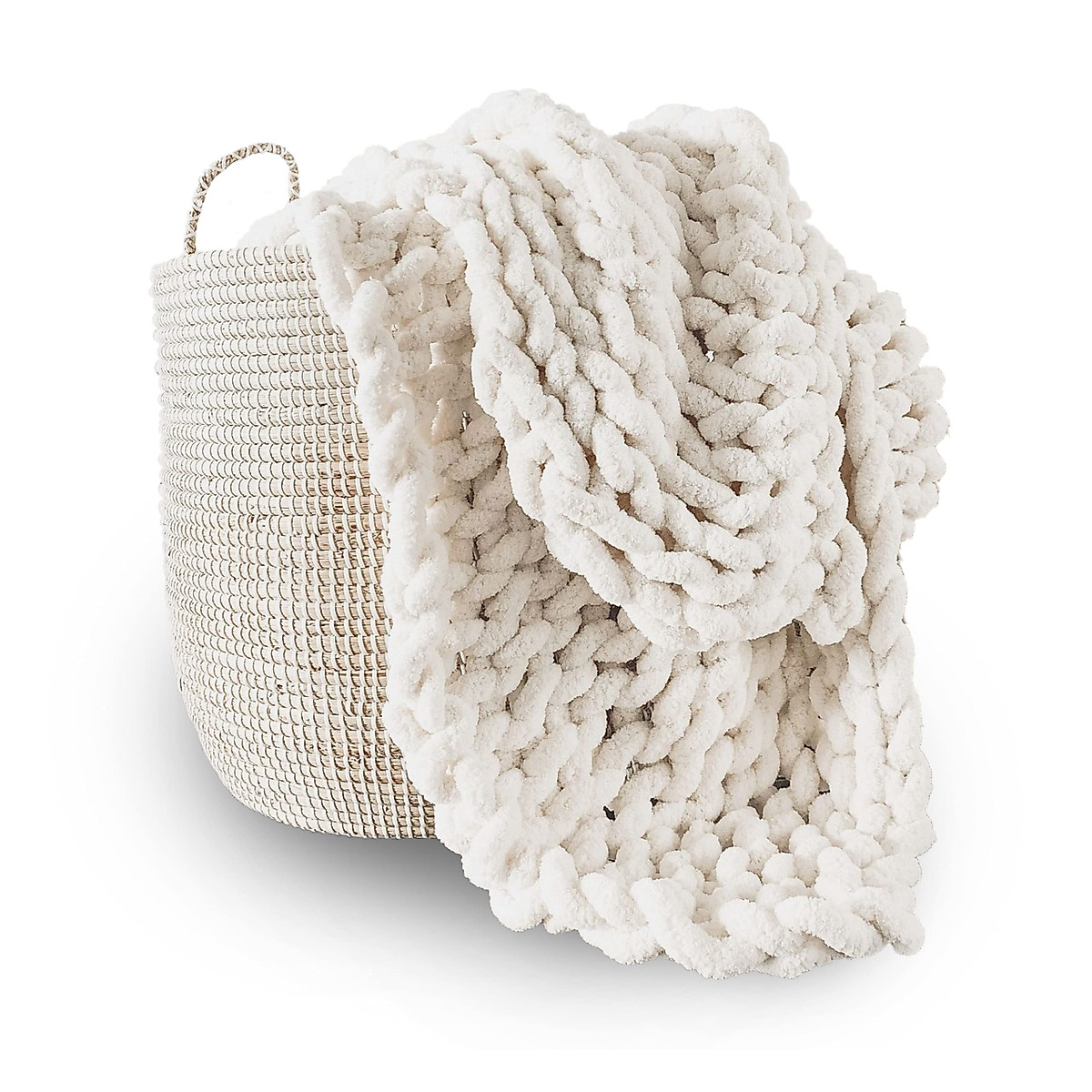 Adyrescia Chunky Knit Blanket Throw | 100% Hand Knit with Jumbo Chenille Yarn (40"x50", Cream White)