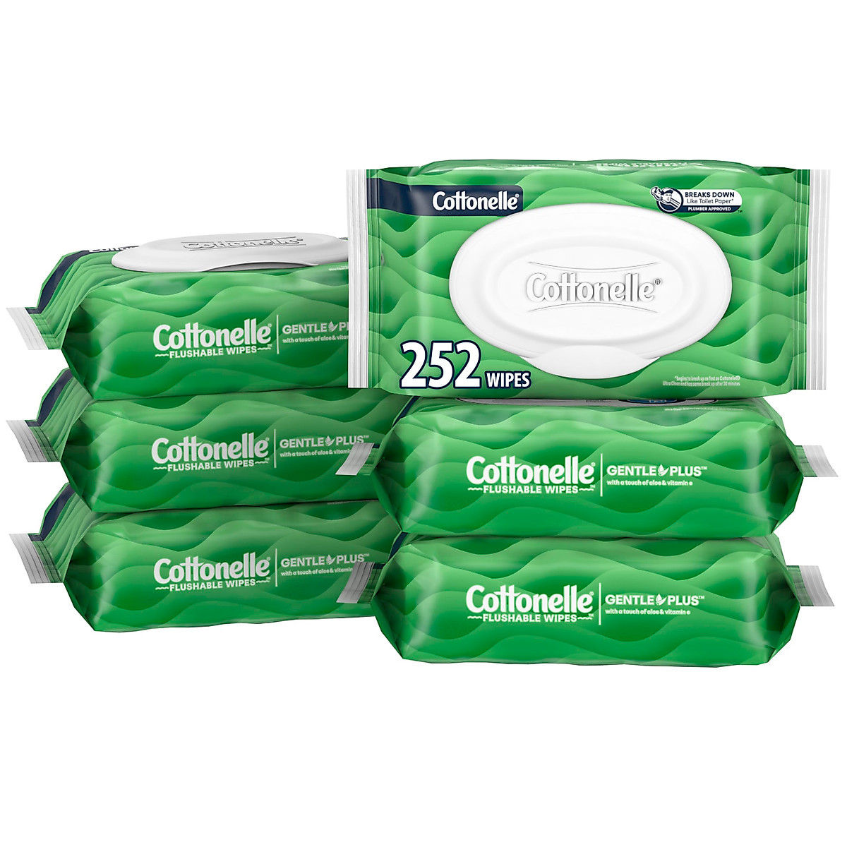 Cottonelle GentlePlus Flushable Wet Wipes with Aloe & Vitamin E, 6 Flip-Top Packs, 42 Wipes Per Pack (252 Total Wipes), Packaging May Vary