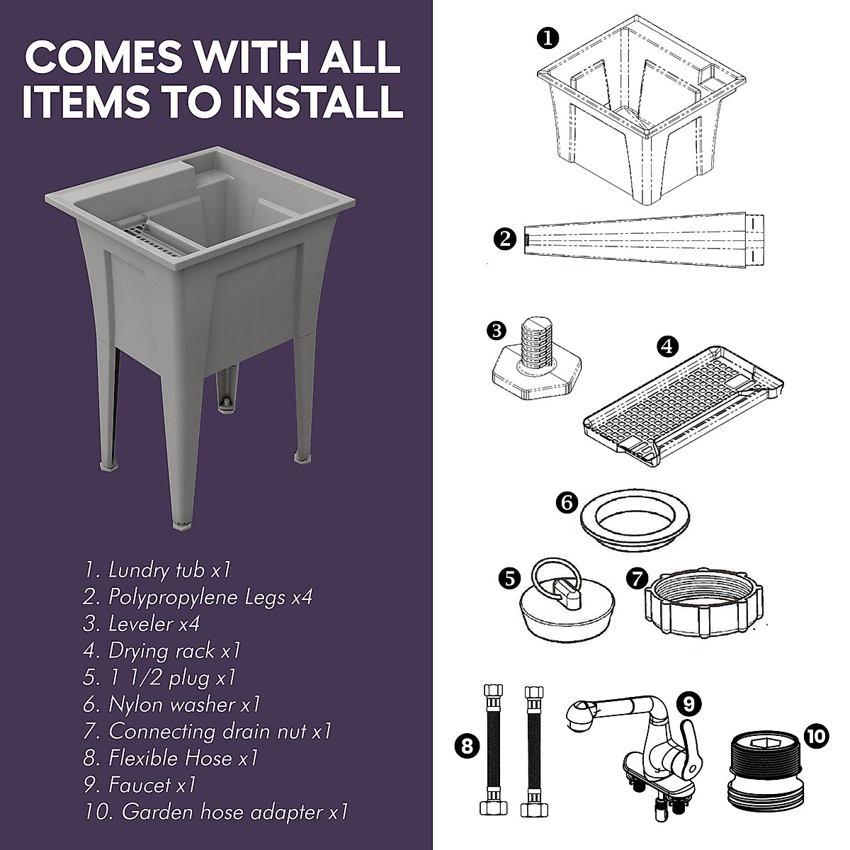 Utility Sink with One-Handle Matte Black Plastic Faucet – Polypropylene Laundry Sink, Grey Garage Sink, Indoor & Outdoor Use – Complete Sink Set by Noah William Home (24” X 22” X 34” 19.5 Gallons)