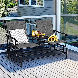 FANTASK 2 Person Outdoor Glider Bench w/Tempered Glass Table, Swing Patio Glider Chair with Steel Frame & Breathable Seat, Double Rocking Chair for Porch, Poolside, Patio, Garden (Grey)