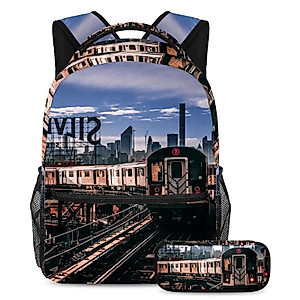 TBOUOBT Travel Backpack Set Lightweight Laptop Casual Backpack for Women Men, New York Train