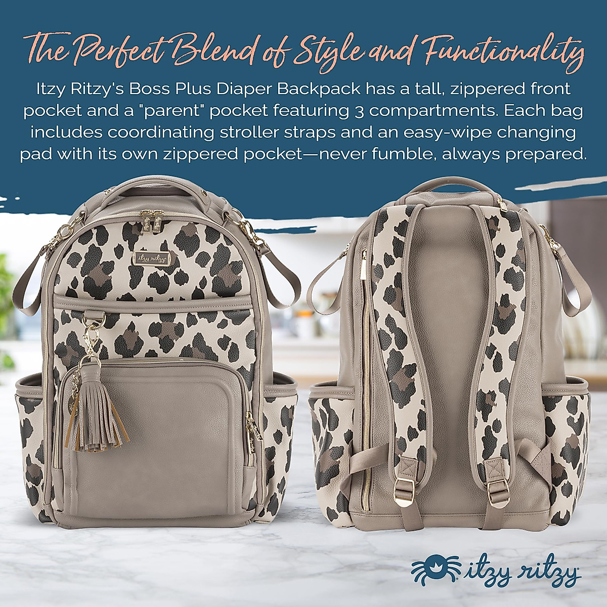 Itzy Ritzy Diaper Bag Backpack – Large Capacity Boss Plus Baby Backpack Diaper Bag Featuring 19 Pockets, Changing Pad, Stroller Clips, and Comfortable Backpack Straps, Leopard