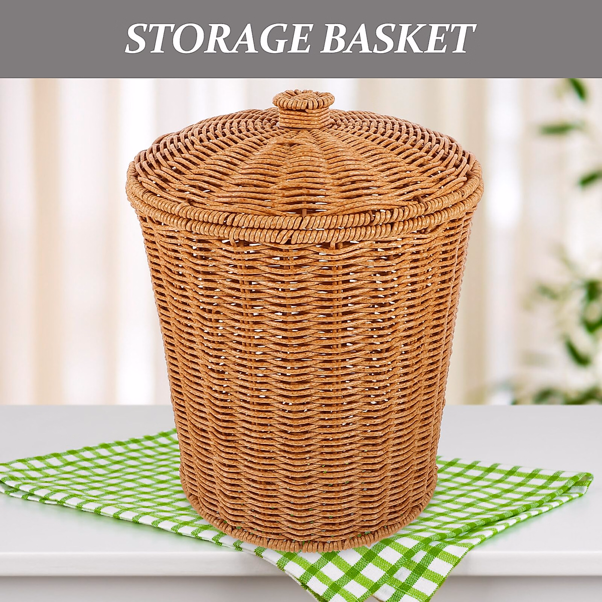 MAGICLULU Wicker Trash Can with Lid Woven Waste Basket Garbage Cans Waste Paper Bin Laundry Basket Rubbish Basket Sundries Basket for Bathroom Kitchen Office