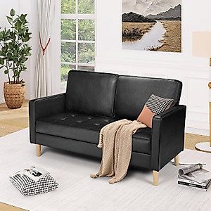 AILEEKISS 57'' Mid-Century Loveseat Faux Leather Sofa Couch with Armrest for Two People Modern 2 Seat Sofa for Living Room (2-Seater, Black)