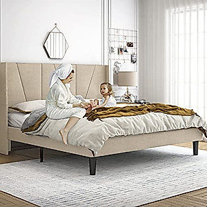 HOOMIC King Size Platform Bed Frame with Geometric Wingback Headboard, Wooden Slats Support, No Box Spring Needed, Modern Style in Beige