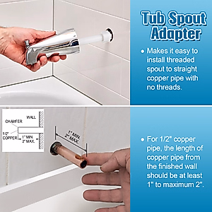 Dreyoo Four in One Tub Spout Adapter, Threaded Bathtub Faucet Adapter Slip Fit for Copper (Compatible with 1/2'' Copper Pipe, 1/2'' and 3/4'' Pipe Thread), Bathtub Spout Adapter Kit with Assembly Tool