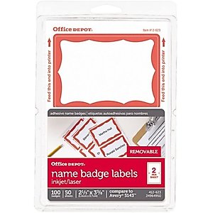 Office Depot Name Badge Labels, 2 11/32in. x 3 3/8in., Red Border, Pack of 100, OD98837