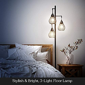 Brightech Teardrop LED Floor Lamp – Tree Standing Lamp with 3 Elegant Cage Heads & Edison Bulbs – Standing Lamp for Living Rooms & Offices – Tall Standing Lamp Ideal for Bedroom Reading – Black