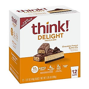 think! Delight, Keto Protein Bars, Healthy Low Carb, Gluten Free Snack - Chocolate Peanut Butter Pie, 12 Count (Packaging May Vary)