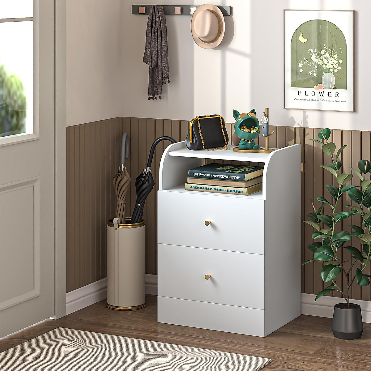 Aenuert Nightstand with Two Drawers White Bedside Table Chest of Drawers with Opening Storage Rack,3 Tiers Modern Night Table for Bedroom Small Spaces Storage Furniture