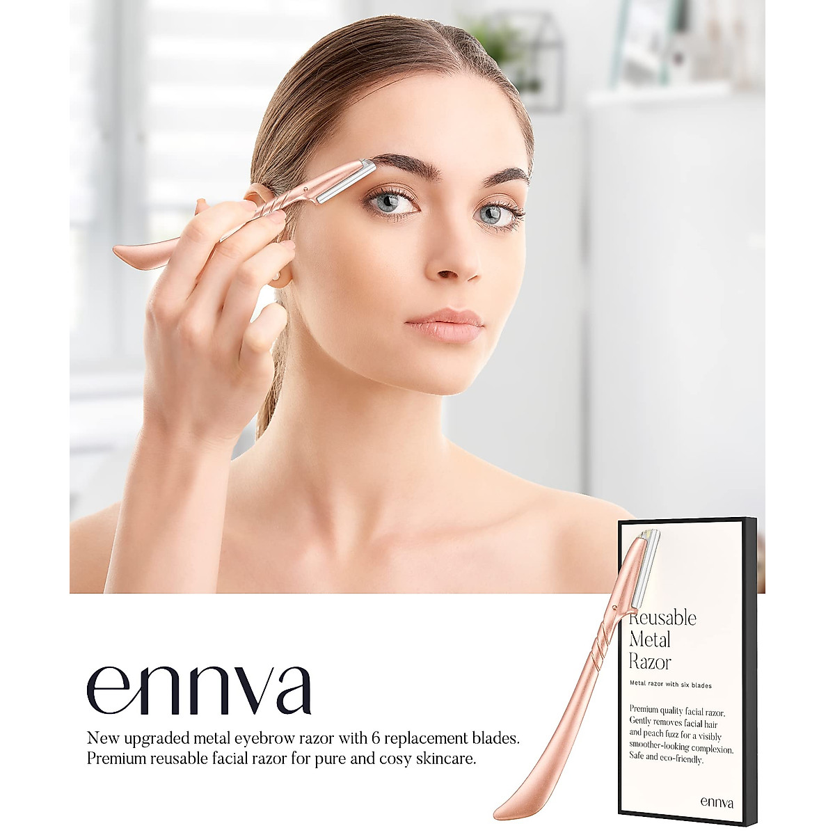 ennva Eyebrow Razor for Women-Eyebrow Trimmer Dermaplaning Tool-Ergonomic Eyebrow Shaper & Facial Razor for Peach Fuzz-Exfoliating Face Razor for Eyebrows-Eye Brow Shaver Razors w/7 Blades- Rose Gold