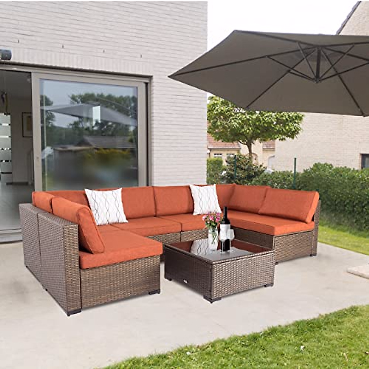 JSUN7 Outdoor Patio Furniture Set, 7 Pieces PE Brown Rattan Wicker Sofa Set, Outdoor Sectional Furniture Conversation Chair Set with Cushions and Tea Table,(Maple Red)