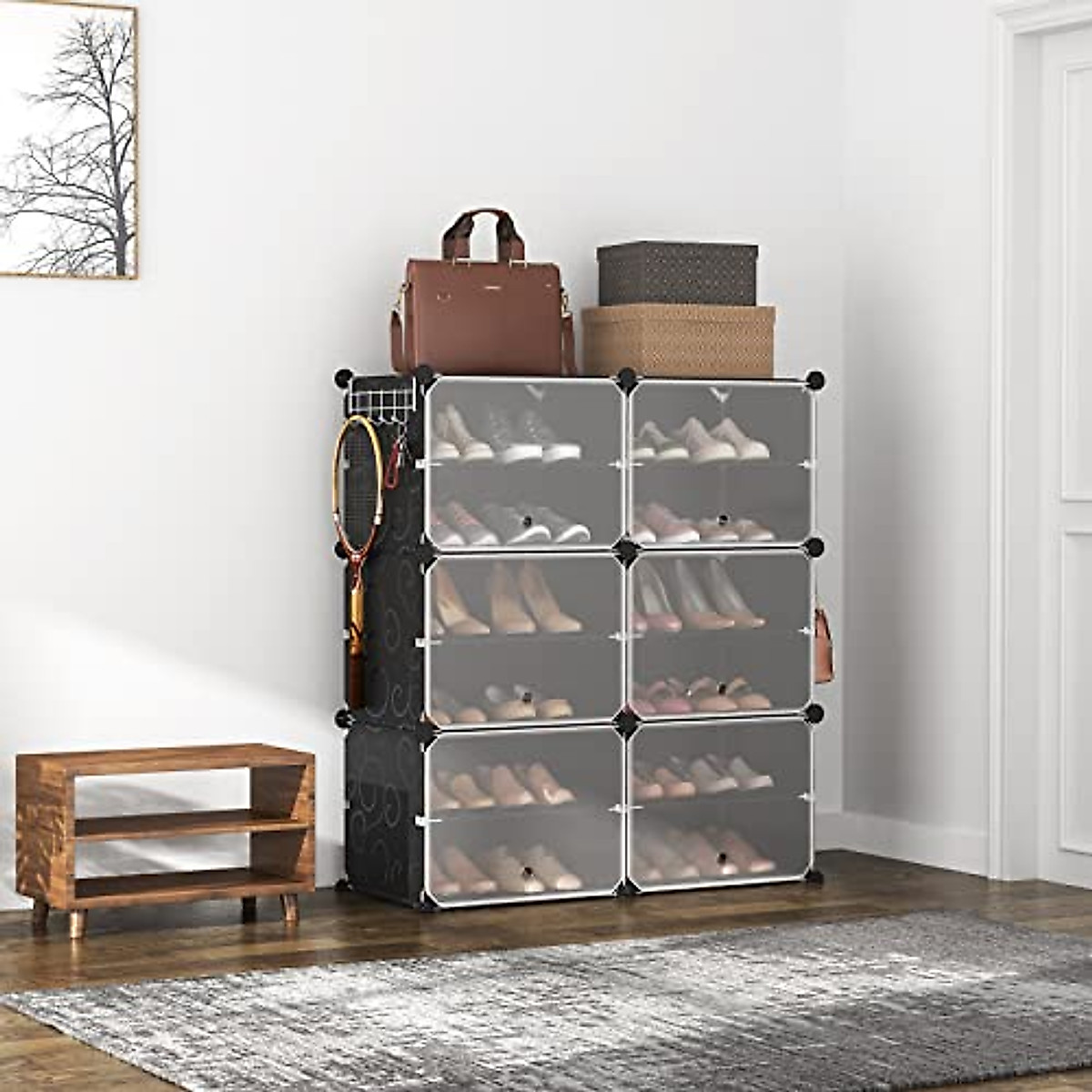 ROJASOP Portable Shoe Rack Organizer 6-Tier Shoe Cabinet 24-Pair Shoe Organizer shoe Storage Expandable Free Standing Stackable Space Shoe Rack with 2 exclusive Versatile Hooks for Bedroom Black