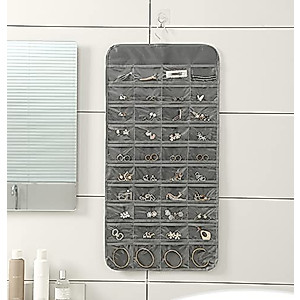 AARAINBOW Hanging Jewelry Organizer Dual-Sided Closet Accesoory Organizer with 80 Pockets Jewelry Hanger for Earrings, Necklaces, Rings on Closet, Wall, Door (Gray)