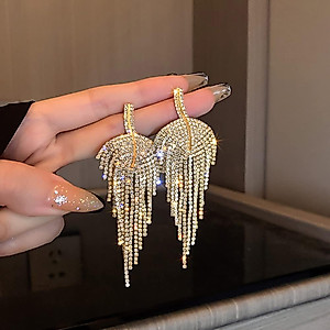 JWICOS Fashion Gold Full Diamond Chandelier Tassel Earrings for Women and Girls Bohemian Rhinestone Fringe Leaves Chain Tassel Drop Dangle Earrings for Wedding Valentine's Day (Gold)