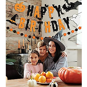 PTFNY Glittery Halloween Happy Birthday Banner Black Orange Halloween Birthday Bunting Banner Halloween Circle Dots Garland Halloween Themed Birthday Party Decorations for Wall Fireplace Party Decor