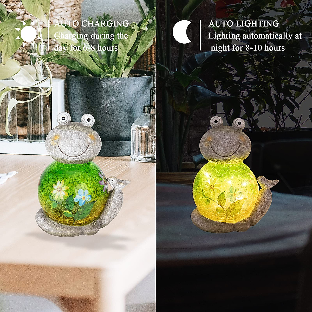 MUMTOP Solar Lights Outdoor Garden- Garden Statues - Resin Frog Solar Lights LED Light with Crackled Glass Garden Decor for Outside
