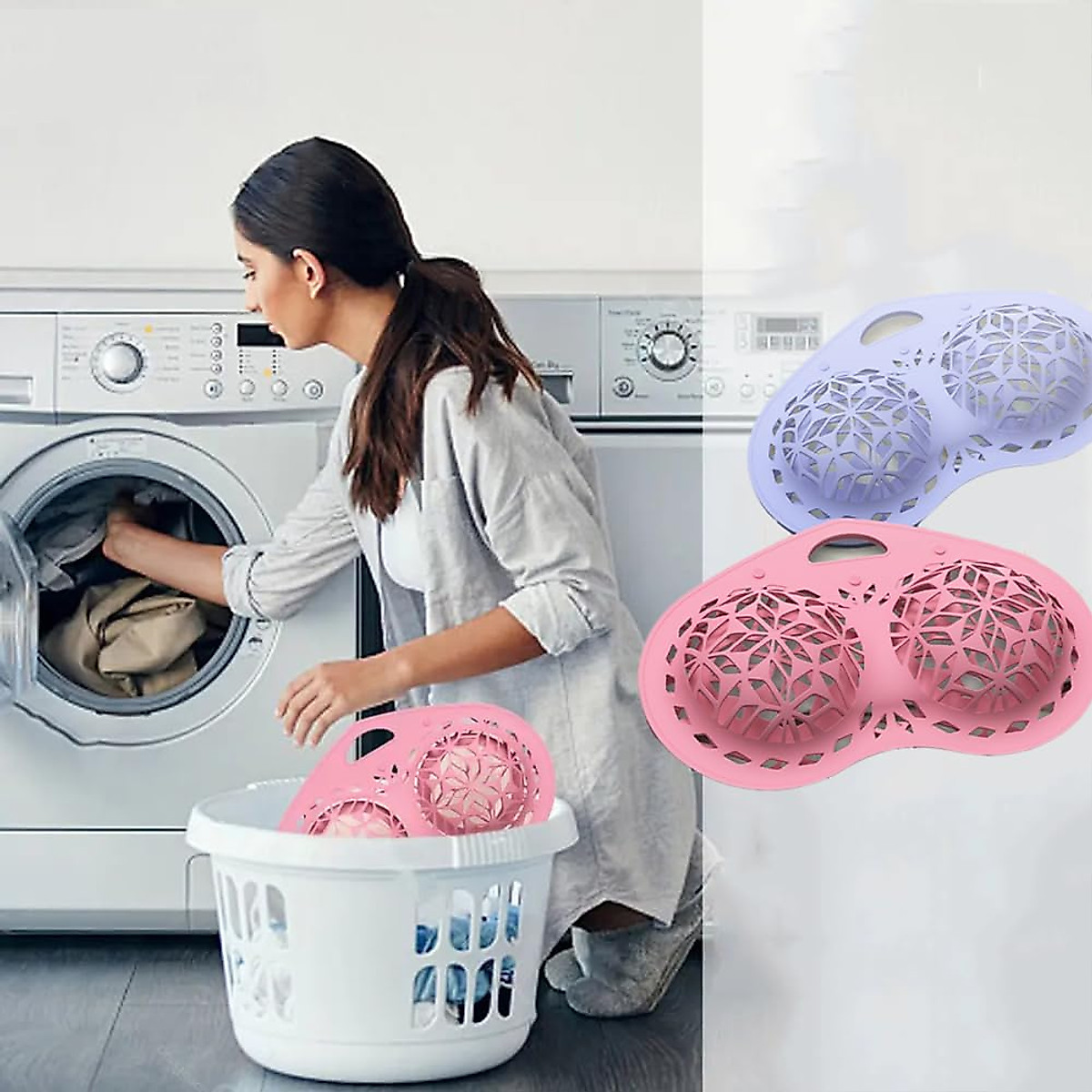 Cjeuxnr 2pcs Bra Washing Bag Silicone Mesh Underwear Laundry Bags,Bra Laundry Bag Fits A-C Cup Bras,Anti Deformation Lingerie Bag for Washer/Dryer Machines (Pink+Purple)