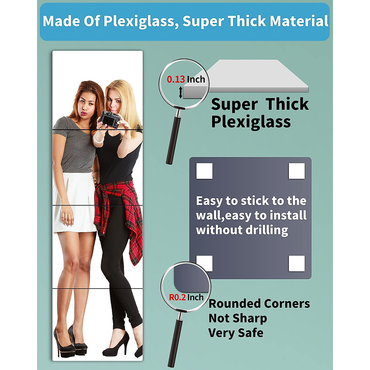 Shatterproof Full Length Mirror, Unbreakable Mirror for Wall, Full Body Mirror for Kids, Thick 0.1",4Pcs 12"x12", Made of Frameless Plexiglass Acrylic Plastic, Wall Mounted for Home Gym, Bathroom Door