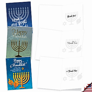 The Best Card Company - 10 Assorted Chanukah Thank You Notecards Bulk Box Set 4 x 5.12 Inch with Envelopes (10 Designs, 1 Each) Jewish Holiday Cards Hanukkah Lights AM6140HYG-B1x10