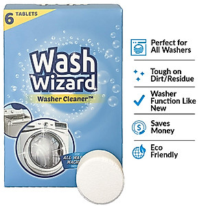 WASH WIZARD - Washing Machine Cleaner - White 6 Tablets, Cleans Front Load and Top Load Washers Including HE, Safe For all Washer Components and Septic Tanks