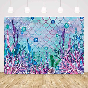 Sensfun Under The Sea Baby Shower Backdrop Purple Blue Seaweed Glitter Scales Underwater Photography Backgrpund Mermaid Birthday Decorations Party Cake Table Banner Photoshoot Vinyl Prop 7x5ft