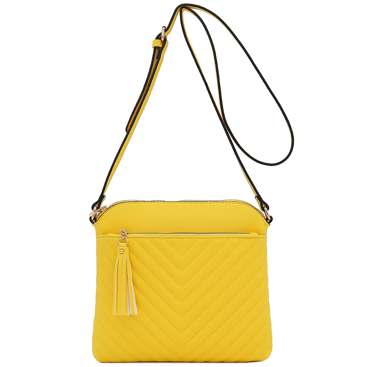 FashionPuzzle Chevron Quilted Medium Crossbody Bag with Tassel Accent (Yellow)