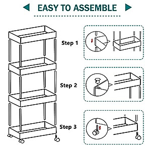 Storage Cart by PILITO, Rolling Utility Cart Mobile Shelving Unit Organizer with Wheels for Bathroom, Kitchen, Office, Home, Laundry Room & Dressers, Plastic & Stainless Steel, White (4-Tier)