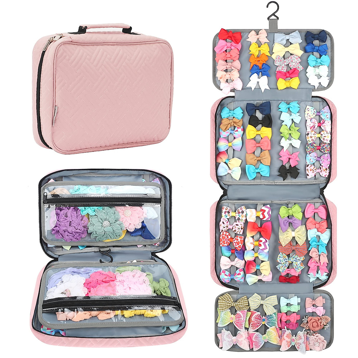 MICOM Hanging Hair Accessories Storage Bag for Girls, Hair Bow Organizer, Hair Accessories Storage Carrying Case for Display Hair Clips, Headbands, Scrunchies, Hair Ties Holder with Hook (pink)